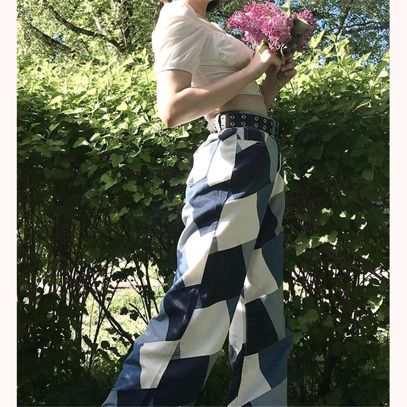 "BLUE WHITE CONTRAST DIAMOND CHECK" JEANS N040702 – Uoobox