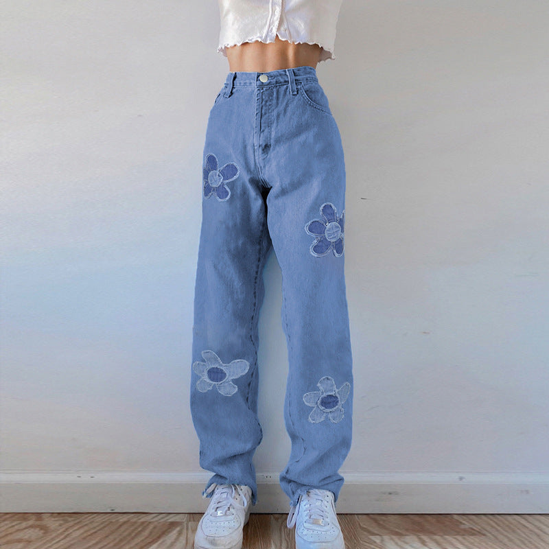 BLUE FLOWER PATTERN JEANS UB2587 – Uoobox