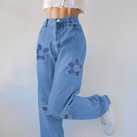 BLUE FLOWER PATTERN JEANS UB2587 – Uoobox